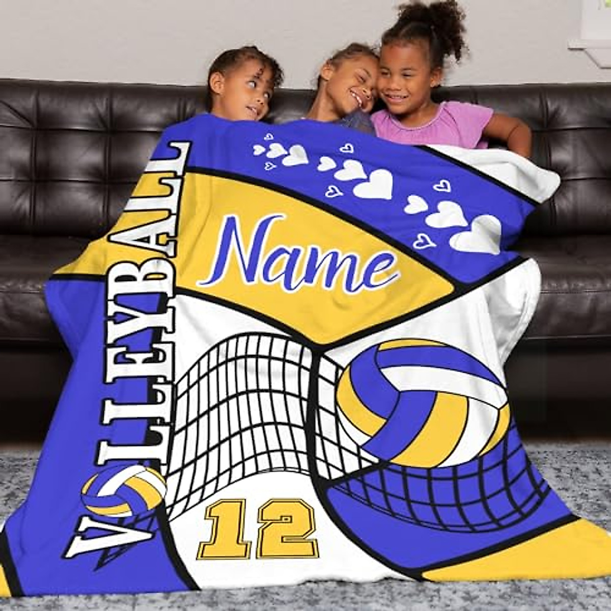Zaaprint Volleyball Blue Gold Personalized Blankets with Name Customized Baby Blankets for Girls Boys Adults Kids Day Gift(50x60 inch)