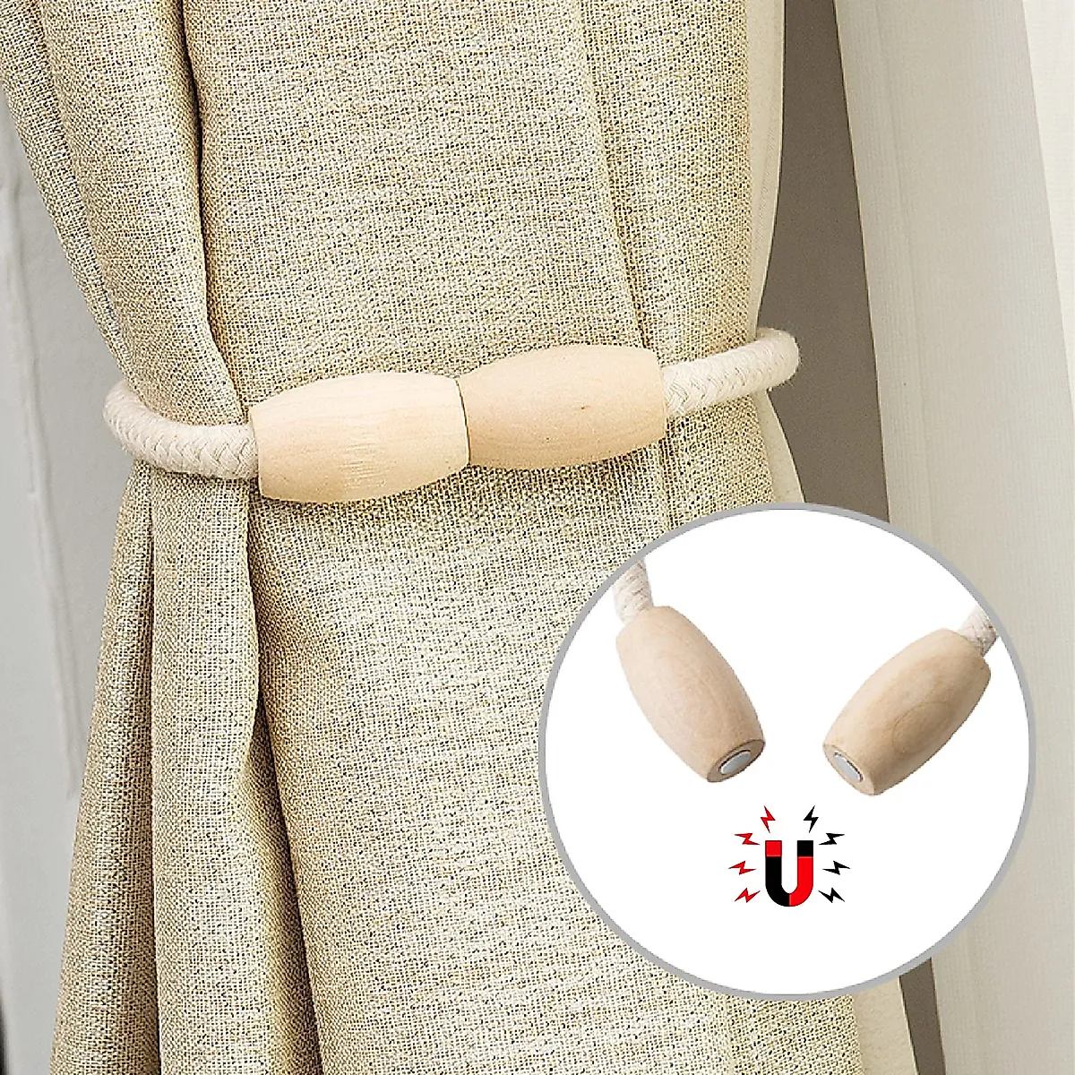 Magnetic Curtain Ties Holdbacks Tiebacks, Wood Bead Decorative Drape Tie Backs Holdback Holders for Blackout Sheer Window Treatment Outdoor, Convenient Curtain Ties No Tools Required White 2 Pack