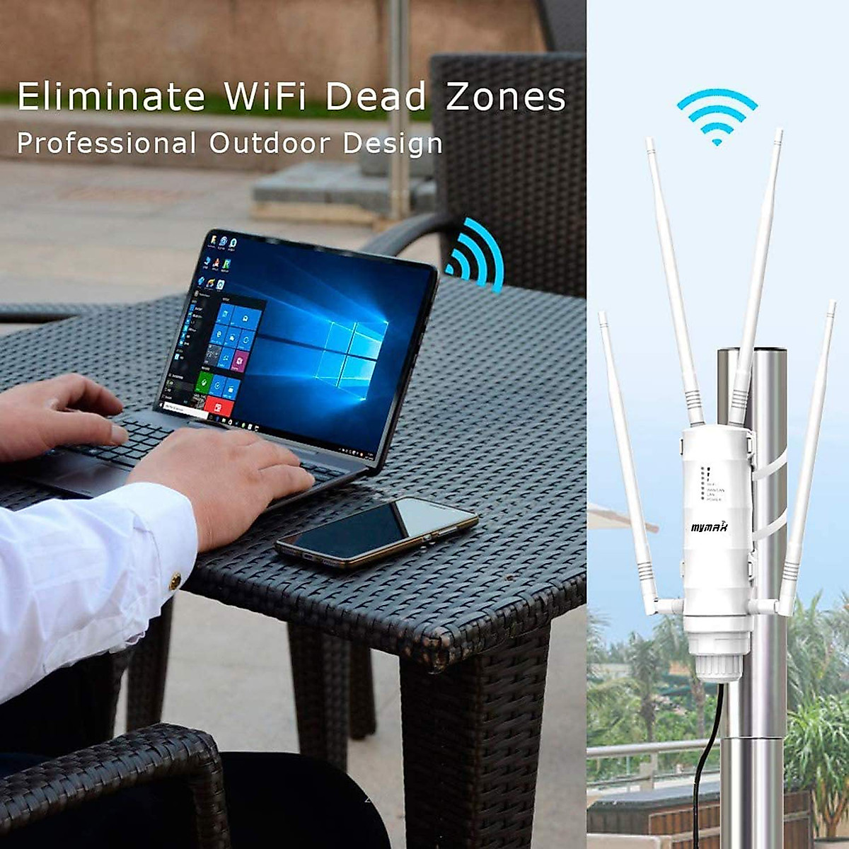 AC1200 Outdoor WiFi Range Extender/PoE Access Point/Repeater with 4-Antenna, MyMAX Dual-Band 2.4+5GHz 1200Mbps Weatherproof Outside Wireless AP/Exterior Network Signal Booster/Internet Amplifier