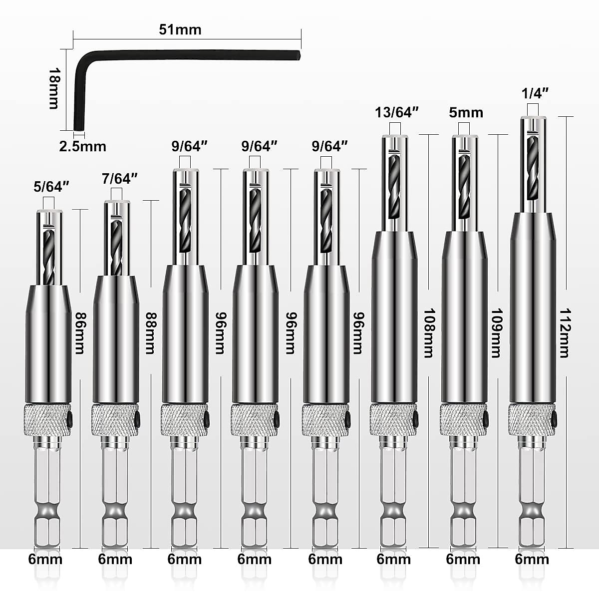 COMOWARE 17pcs VIX Bits Self Centering Drill Bit Set, 1/4" Hex Shank Self Centering Hinge Drill Bit Set for Woodworking Window Door Hinge, Quick Change with 1 Hex Key & 8 Drill Bits 5/64-1/4”