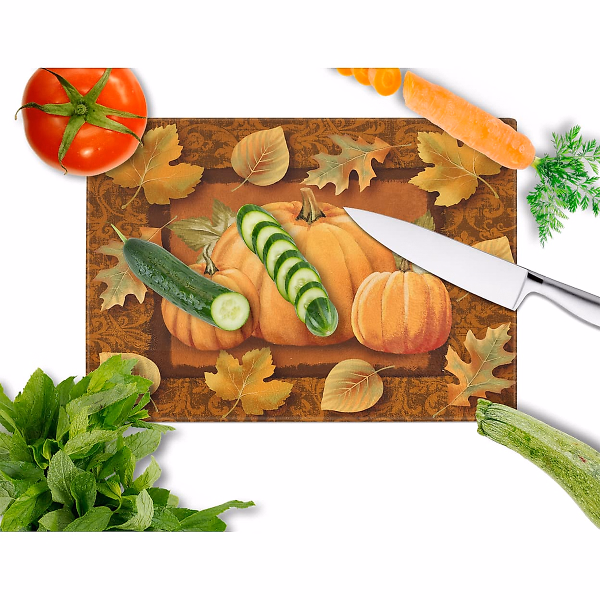 Caroline's Treasures PTW2009LCB Pumpkins and Fall Leaves Glass Cutting Board Large Decorative Tempered Glass Kitchen Cutting and Serving Board Large Size Chopping Board