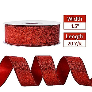 YAMA Glitter Wired Ribbon, Red, 1-1/2 inch x 20 Yards, for Christmas, Gift Wrapping, Wreath, Crafts, Bow Making and Party Decoration
