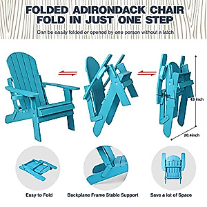 Folding Adirondack Chairs Set of 4, All Weather Resistant Plastic Chair with Cup Holder, Fold or Unfold Easily in 1 Second, Outdoor Chairs for Patio, Garden, Backyard Deck, Lawn, Fire Pit - Lake Blue