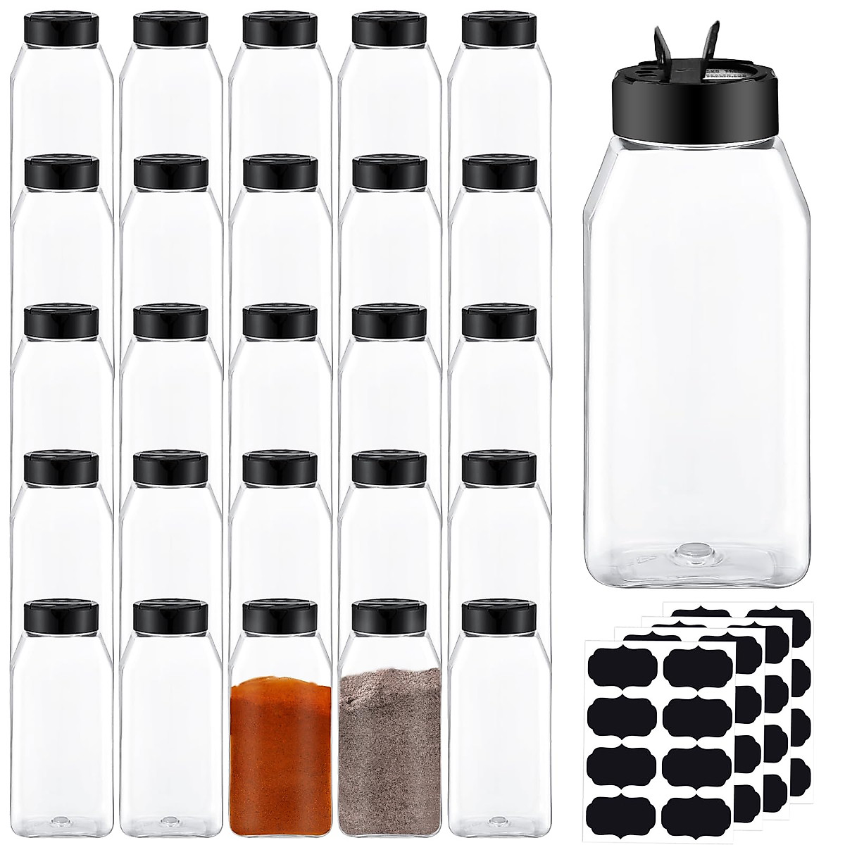 Ysglory 28 Pack 16 Oz Plastic Spice Jars Bottles Containers with Black Cap Empty Seasoning Bottles Large Clear Spice Shaker and Stickers for Storing Spice, Salt, Herbs