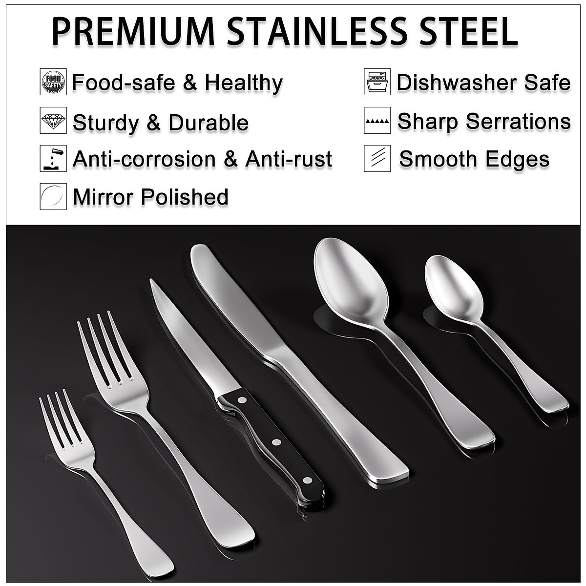 49PCS Silverware Set with Organizer, Durable Stainless Steel Flatware Drawer Cutlery Set for 8, Kitchen Utensils with Steak Knives Mirror Polished Dinner Knife Forks Spoons Tableware Service Tray