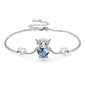 JUSTKIDSTOY Highland Cow Bracelet 925 Sterling Silver Cute Cow Charm Adjustable Chain Bracelet with Crystal Highland Cow Jewelry Birthday Gifts for Women Girls