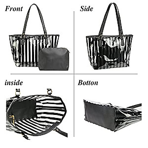 2 in 1 Semi Clear Beach Tote Bags Large Work Shoulder Bag with Interior Pouch (Black)