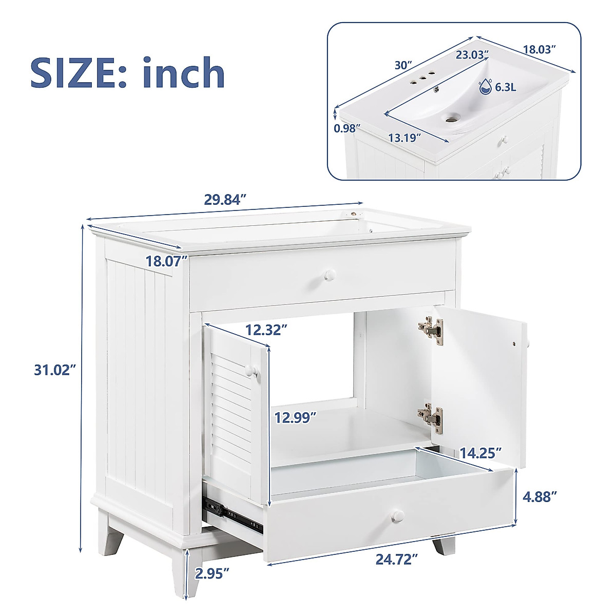 30 Inch Bathroom Vanity Base Only, Storage Cabinet with Doors and Drawer, Solid Wood Frame, White