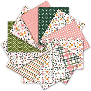 JarThenaAMCS 12Pcs Cotton Fabric Bundles Pink Green Floral Gingham Stripe Dot Fat Quarters Retro Quilting Patchwork for Spring DIY Craft Home Party Decor, 18 x 22 Inch