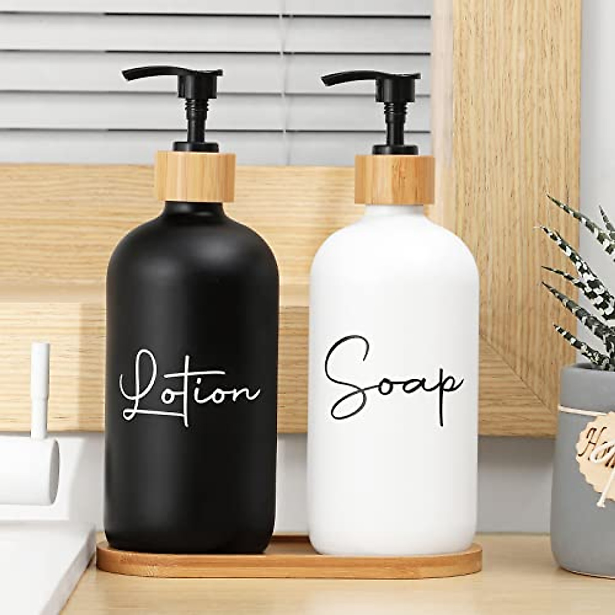 17 oz Hand Soap Dispenser Empty Glass Lotion Pump Bottles, Refillable Liquid Dish Soap Bottles for Bathroom Decor, Kitchen Sink, Matte Design and Wood Tray, Pack of 4