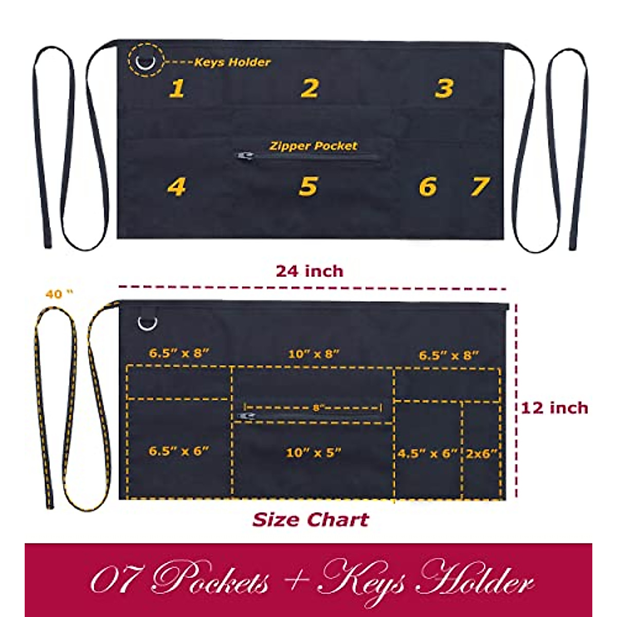 TEXVIDA 7 Pockets Server Aprons with Zipper Pocket (2 Pack) - Commercial Grade Aprons for Women Men - Waiter Waitress Waist Half Apron - Black 24x12