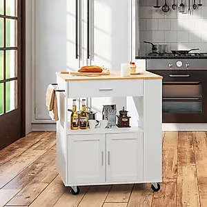 Giantex Kitchen Island on Wheels, Rolling Trolley Cart with 3 Spice Racks, 2-Door Cabinet, Storage Drawer, Open Shelf, Kitchen Serving Cart for Dining Room Bar (White)