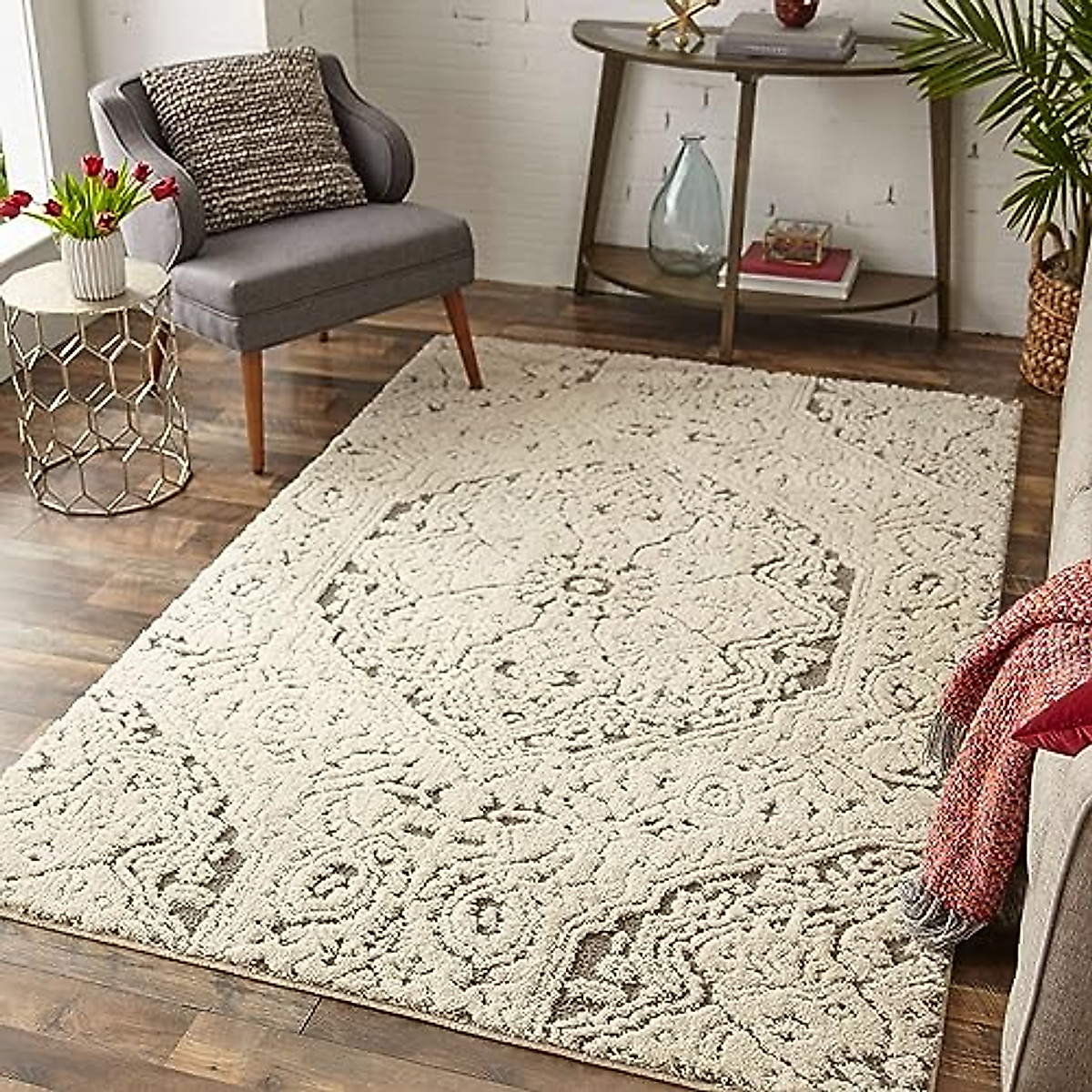 Mohawk Home Francesca Ornamental Medallion Light Gray 10' x 14' Shag Area Rug Perfect for Living Room, Dining Room, Office
