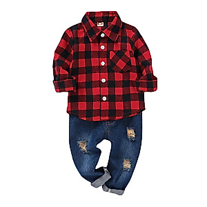2Pcs Baby Boys Girls Toddler Kids Red Plaid Flannel Shirt Elastic Waist Ripped Holes Soft Jeans Outfit Set(18-24 Months, Red/Black)