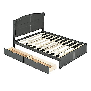 EMKK Queen Bed with Trundle and 2 Drawers, Wood Queen Size Platform Bed Frame Space-Saving Queen Size Bed for Boys, Girls, Kids, Teens and Adults