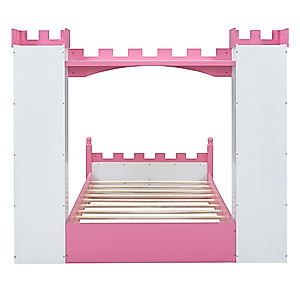 VilroCaz Castle-Shaped Wooden Platform Bed with Storage Shelf, Dreamy Twin Size Kids Platform Bed for Girls Boys Bedroom, Sturdy Slats Support (White+Pink Castle)