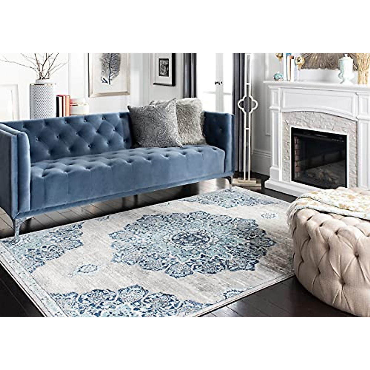 SAFAVIEH Brentwood Collection 8' x 10' Navy / Light Grey BNT849M Medallion Distressed Non-Shedding Living Room Bedroom Dining Home Office Area Rug