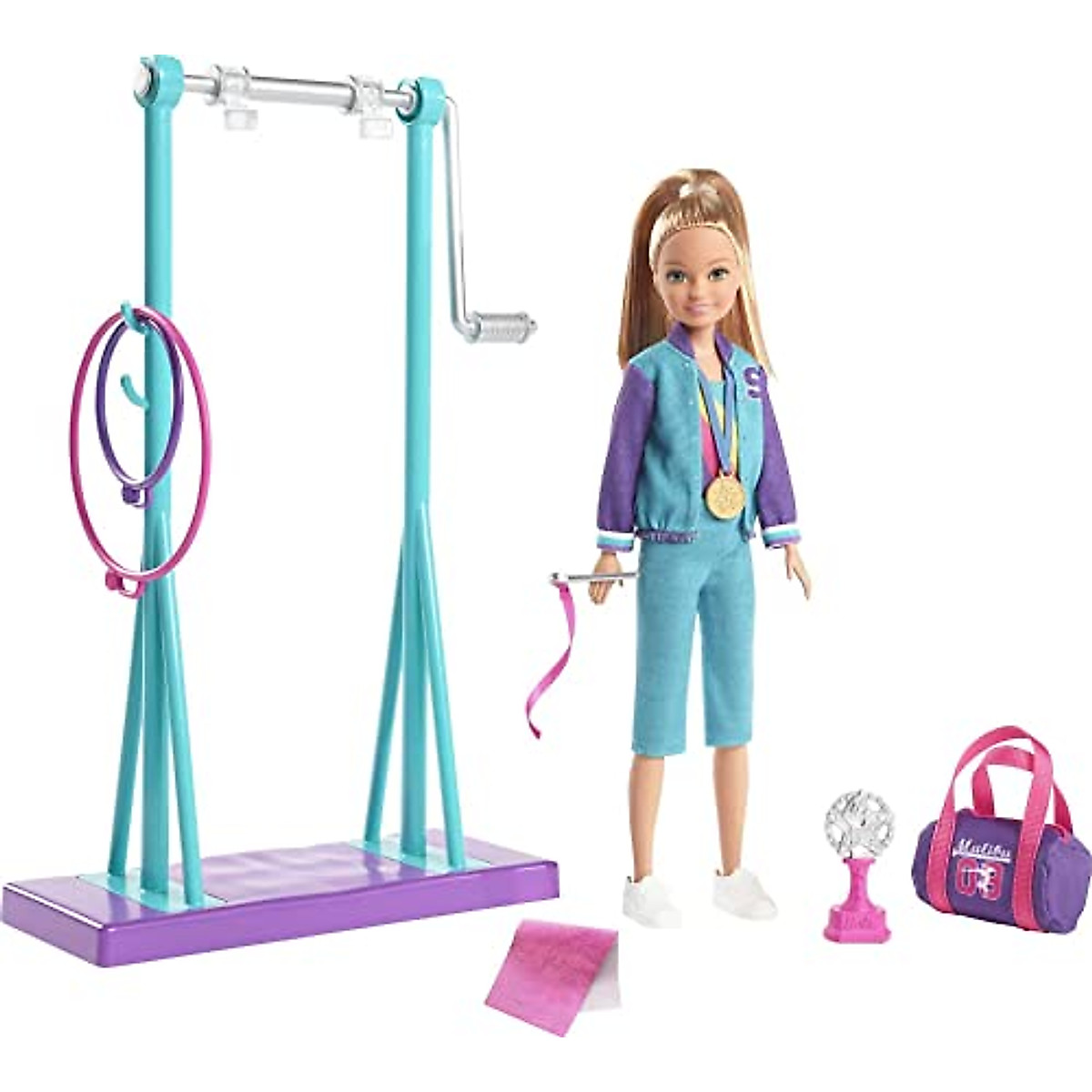 Barbie Team Stacie Doll and Gymnastics Playset with Spinning Bar and 7 Themed Accessories for 3 to 7 Year Olds