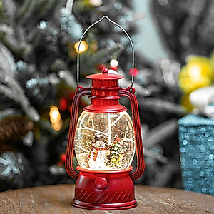 TIJNN Christmas Snow Globe Lantern 9", Battery Operated Lighted Swirling Glitter Lantern with Timer for Christmas Home Decoration, Snowman (red