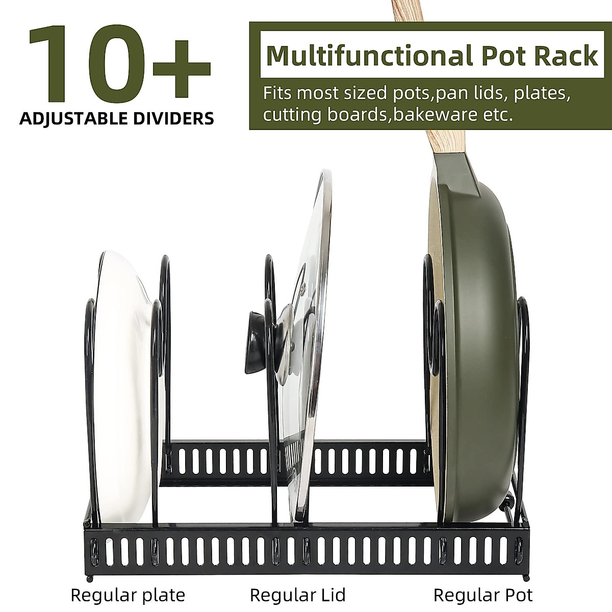 ROOHUA Pot Rack -Expandable Pan Organizer for Cabinet, Lid Holder with 10 Adjustable Compartment for Kitchen Cabinet Cookware Baking Frying Rack