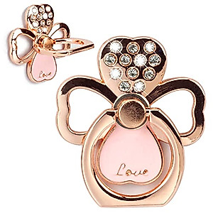 [2 Pack] Lucky Four Leaf Clover Cell Phone Ring Holder Stand, 360 Degree Rotation Finger Ring Kickstand with Polished Metal Phone Grip for Magnetic Car Mount, Smartphone Accessories（Rose Gold）