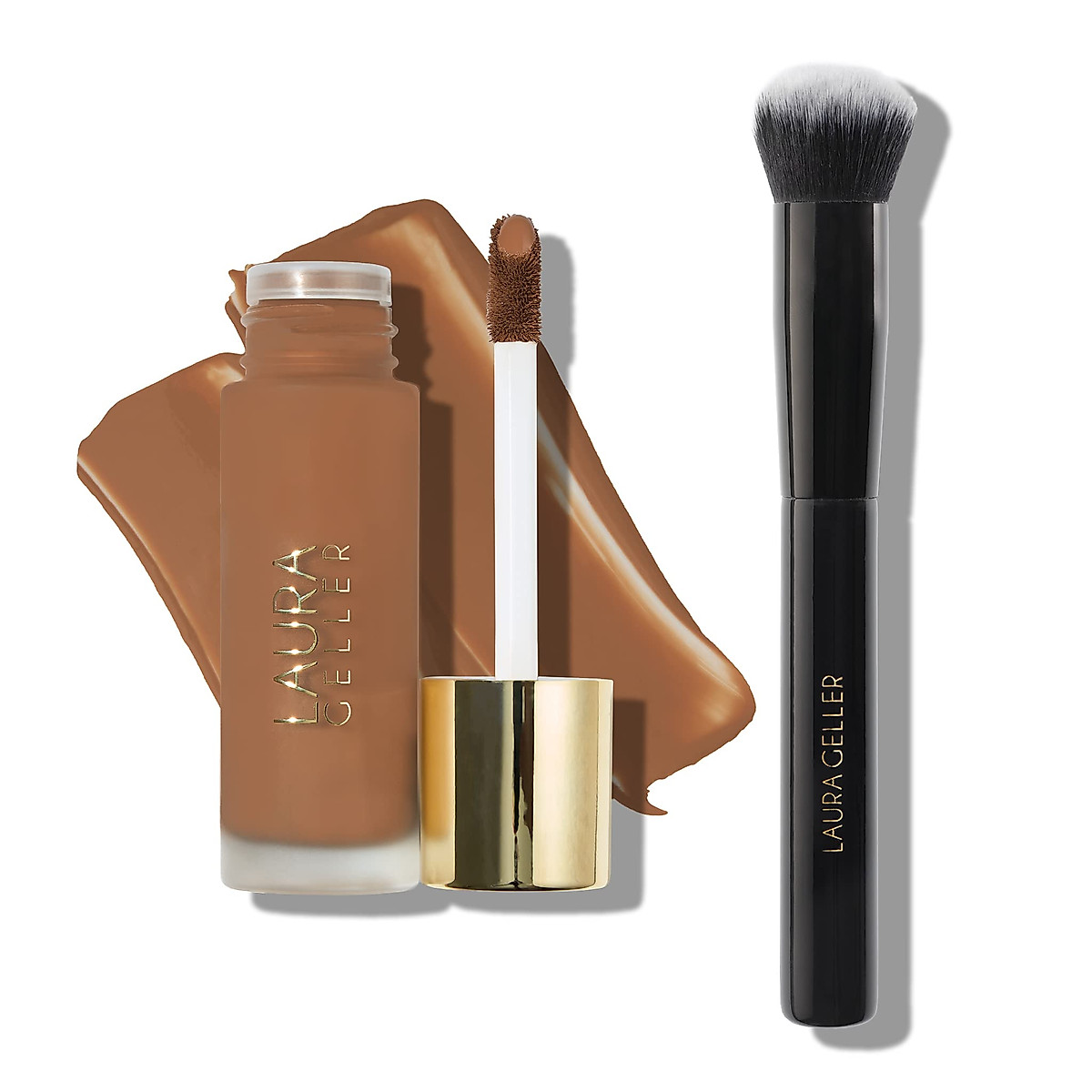 LAURA GELLER Double Take Liquid Foundation, Deep - Medium to Full Coverage - Natural Matte Finish & Foundation Makeup Brush Kit (2 PC)