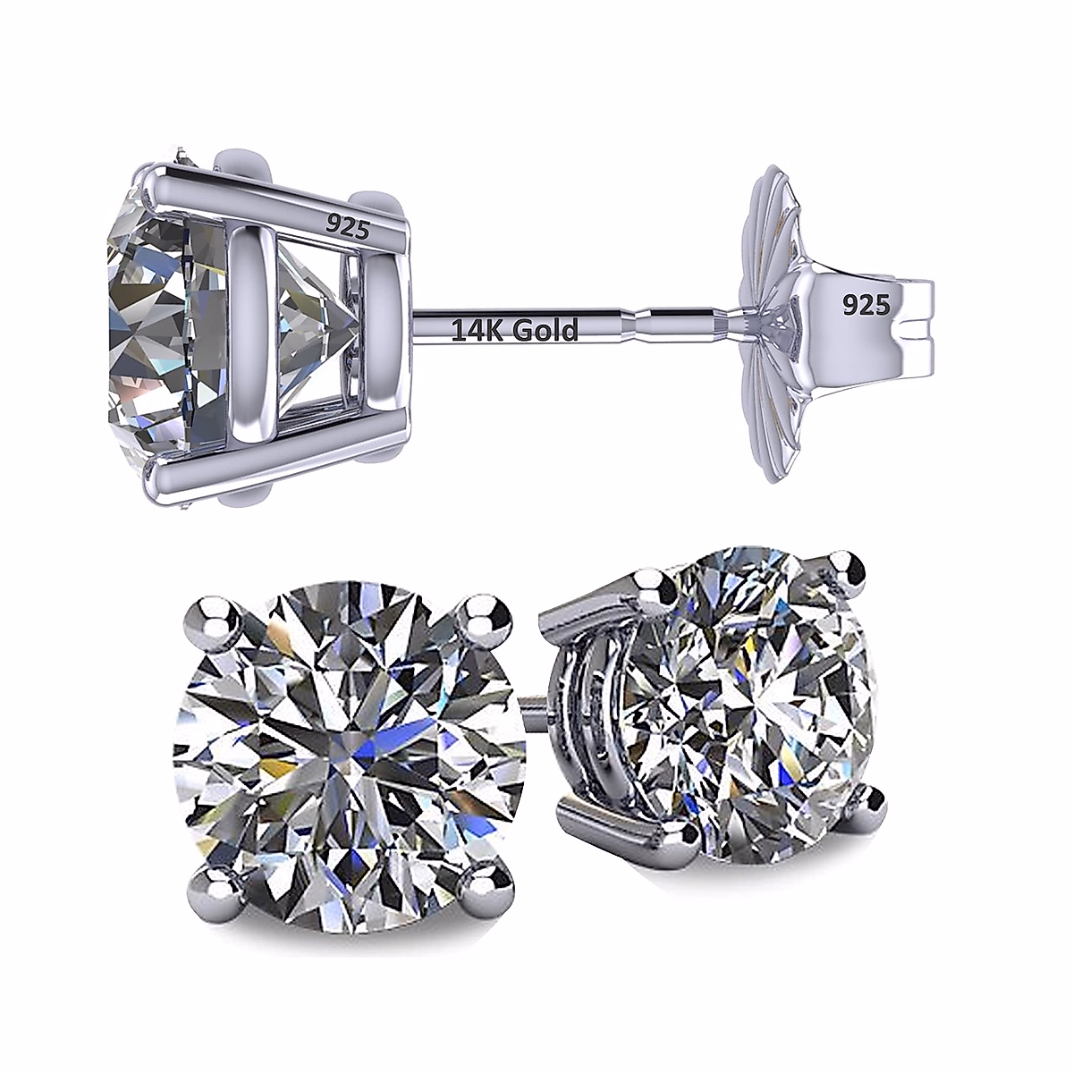 Central Diamond Center 14K Solid Gold Post & Sterling Silver 4 Prong CZ Stud Earrings - Platinum Plated - 5.25mm - 1.00cttw