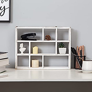 BlueGift Shadow Box Display Shelf 9-Slot Rustic Wood Floating Shelf Wall Mountable & Freestanding Shelf for Table or Desk, Vintage Whitewashed