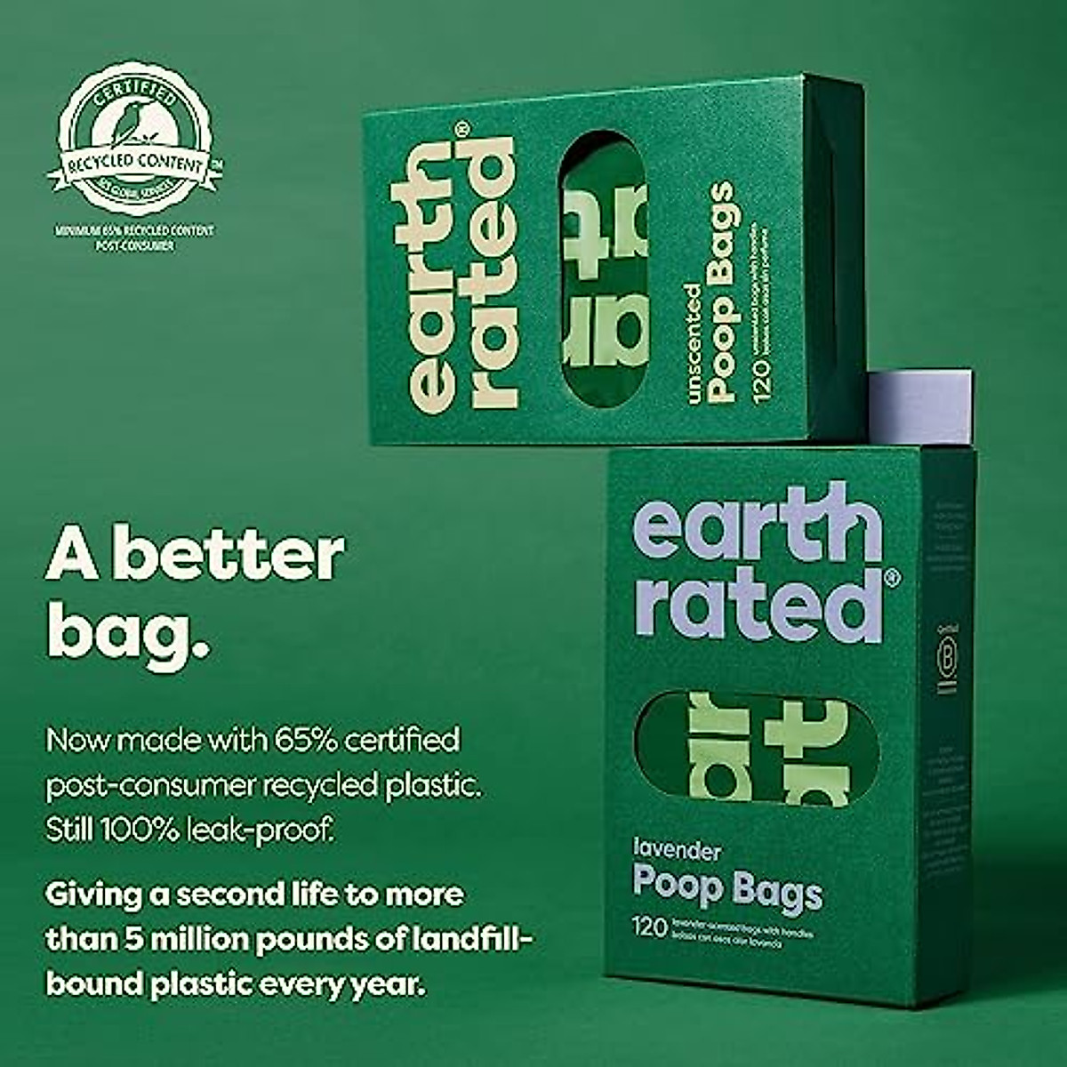 Earth Rated Dog Poop Bags with Handles, New Look, Easy Tie and Guaranteed Leakproof, Lavender Scented, 120 Handle Bags