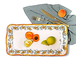 Euro Ceramica Duomo Collection Italian-Inspired 16.8" Rectuangular Ceramic Serving Tray with Organic Edges, Floral Design, Multicolor