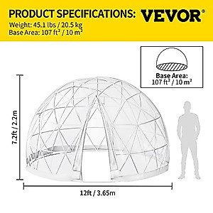 VEVOR 12FT Garden Dome Bubble Tent, Upgraded Geodesic Dome Greenhouse with Transparent TPU Cover and Sand Bags, Waterproof Garden Dome House for Patio and Dining Places