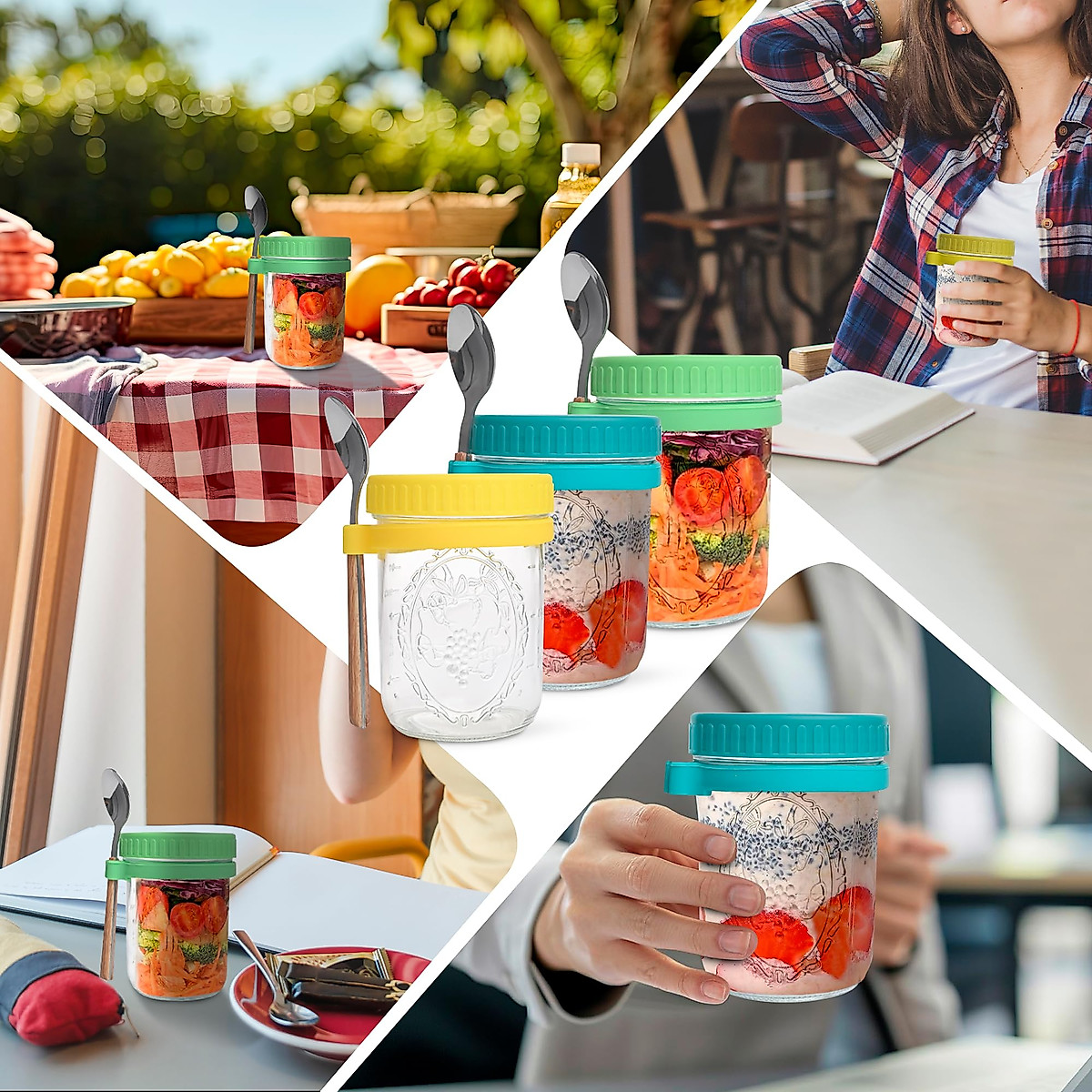 Syne Trend Gift Set Overnight Oats Containers with Lids, 16oz Overnight Oats Jars, 3 Pack Oatmeal Containers with Lids (Green + Turquoise + Yellow)