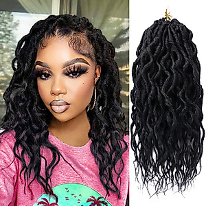 LOSMOEER Faux Locs Crochet Hair 12 Inch, 6 Packs Goddess Locs Crochet Hair for Women, Soft Locs Pre Looped Crochet Braids with Wavy Curly Ends Boho Locs Synthetic Braids Extensions (#1B)
