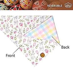 Crowned Beauty Easter Dog Bandanas Large 2 Pack, Bunnies Tulips Set, Plaid Adjustable Triangle Holiday Reversible Scarves for Medium Large Extra Large Dogs Pets