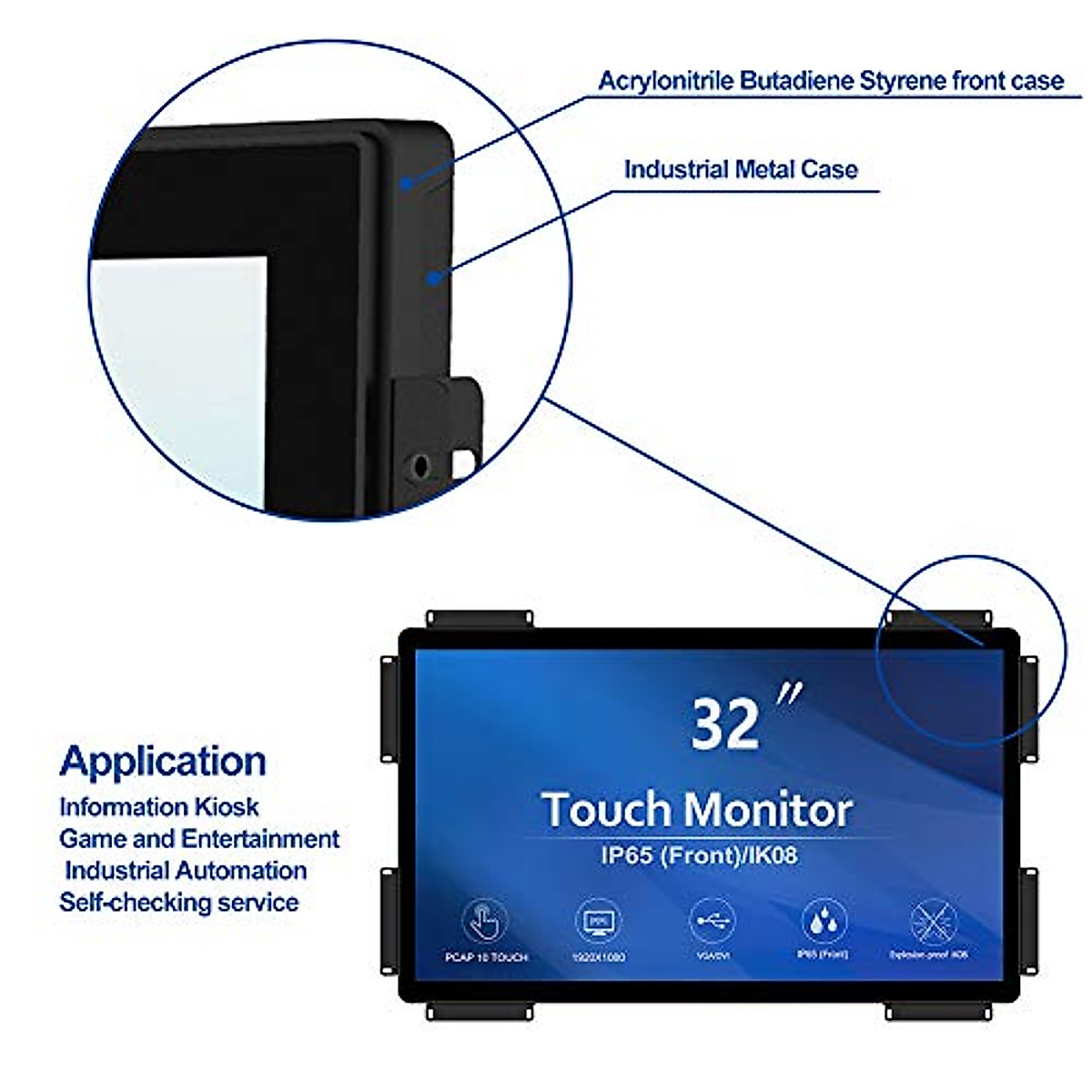 GreenTouch 32 inch 10 Points PCAP Open Frame Touch Screen Industrial LCD Display Monitor HDMI+VGA+DVI Video Port