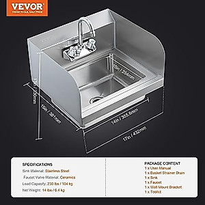 VEVOR Commercial Hand Sink with Faucet and Side Splash, NSF Stainless Steel Sink for Washing, Small Hand Washing Sink, Wall Mount Hand Basin for Restaurant, Kitchen, Bar, Garage and Home, 17x15 inch