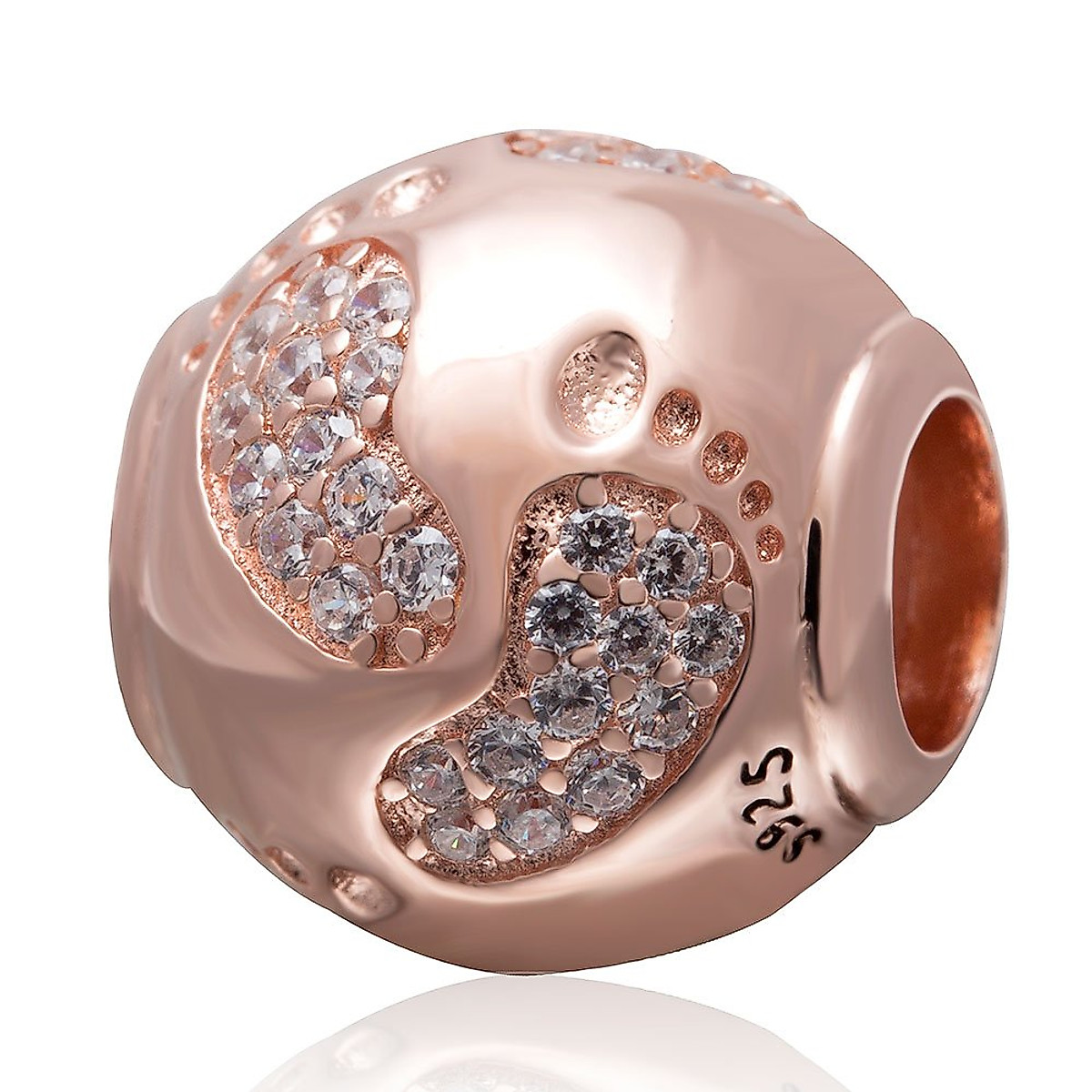 Rose Gold Baby Footprint Charm 925 Sterling Silver New Baby First Step Charms with Clear Cubic Zircon Round Bead Charms for Pandora European Charms Bracelet