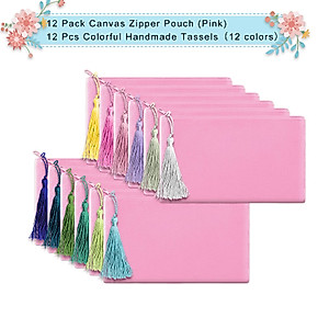 12 Pack Canvas Pencil Pouch, Multipurpose Blank Cotton DIY Craft Zipper Bag for Makeup Travel Stationary Storage with 12 Handmade Colorful Tassels