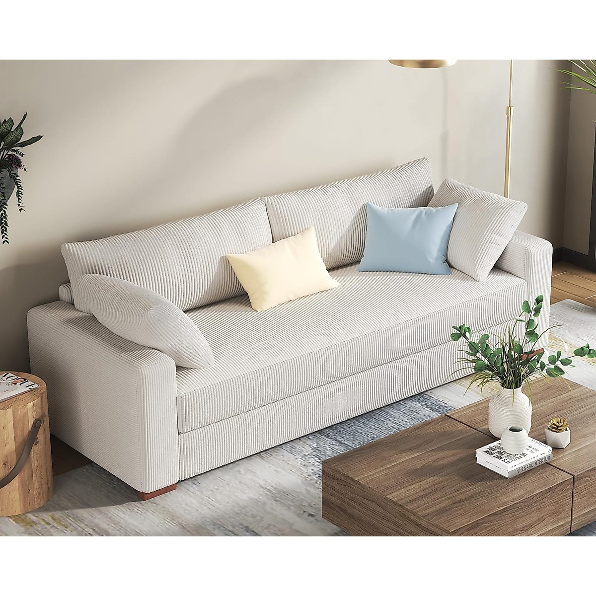 VanAcc Modern Sofa, Sofa Couch with Soft Corduroy Upholstered, 3 Seater Comfy Couch for Living Room Home Office-White Couch