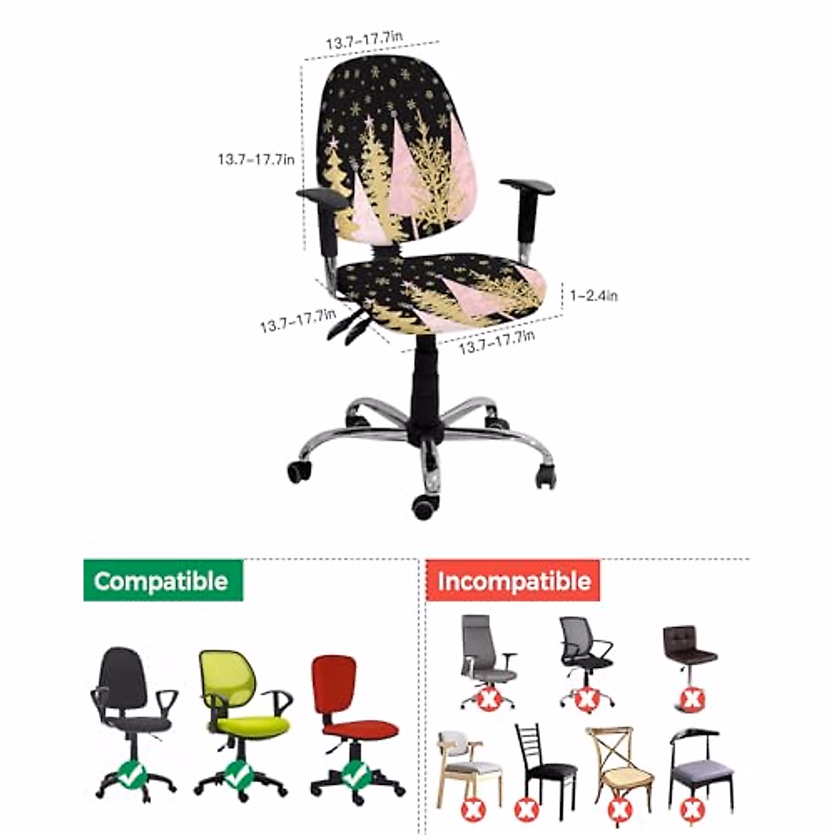 Christmas Tree Office Chair Cover Stretchable Computer Chair Seat Cover Backrest Slipcovers, Stretchable Rotating Desk Chair Seat Cushion Split Protectors Snowflake Gold Pink Modern Geometric