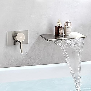 POP SANITARYWARE Wall Mounted Waterfall Bathtub Faucet Brushed Nickel Single Handle Tub Filler Faucet with Valve