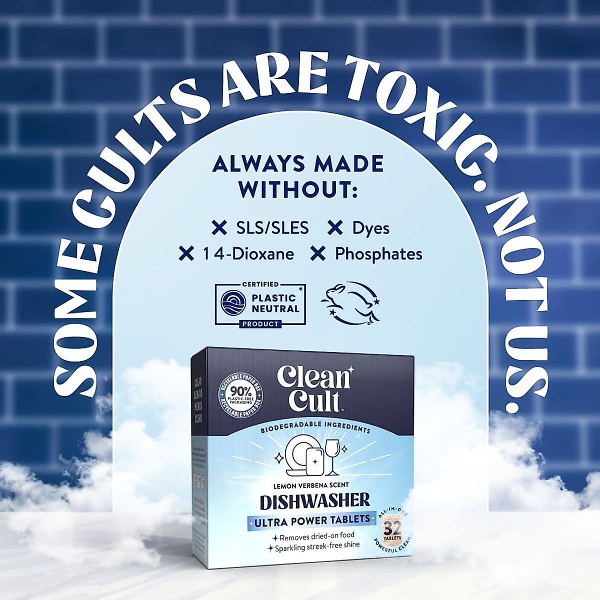 Cleancult Ultra Power Dishwasher Detergent Pods for Sparkling Streak-Free Shine, All-In-One, No Plastic Waste, 32 Count