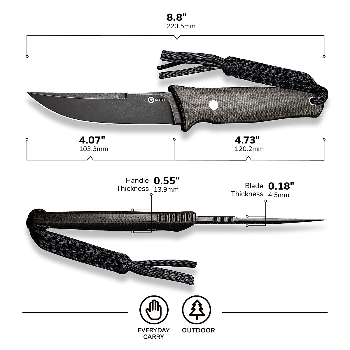 CIVIVI Tamashii Fixed Blade Knife with 4.07’’ D2 Blade Micarta Handle, Kydex Sheath, T-clip for EDC Outdoor Carry C19046-4