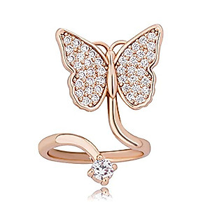 TOPGRILLZ 14K Gold Plated Iced out Butterfly Adjustable Finger Tip Ring for Women Novelty Fashion Jewelry (Rose Gold)