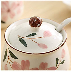 Ceramic Japanese Hand Painted Flower Sugar Bowl Seasoning Jar with Lid Spoon