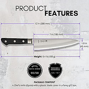 Syosaku Japanese Chef Knife Molybdenum Vanadium Stainless Steel with Bolster, Gyuto 7-inch (180mm) Dishwasher Safe