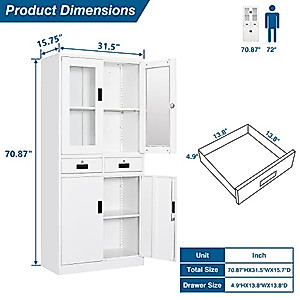 PEUKC Kitchen Pantry Cabinet, 71" Freestanding Kitchen Pantry Storage Cabinet with Drawer and Adjustable Shelves, Metal Tall Pantry Cabinet Cupborad with Glasses Doors, White