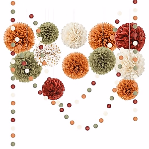 NICROLANDEE Fall Wedding Decorations - 15 PCS Pumpkin Orange Sage Green Ivory Tissue Pom Poms Decor, Dots Paper Garland for Thanksgiving, Baby Shower, Autumn Harvest Party Supplies