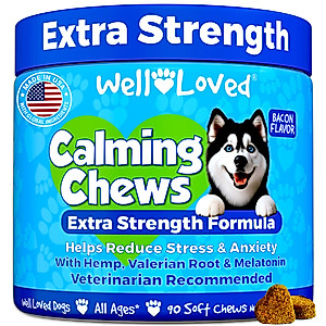 Well Loved Calming Chews for Dogs - Dog Anxiety Relief, Made in USA, Vet Recommended, Dog Calming Chews - Anxiety Relief Treats, Melatonin for Dogs, Hemp Dog Treats for Calming, Extra Strength