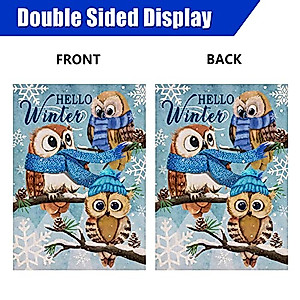 Covido Home Decorative Hello Winter Owls Family Garden Flag, Animals Yard Outside Decorations, Snow Farmhouse Outdoor Small Decor Double Sided 12x18